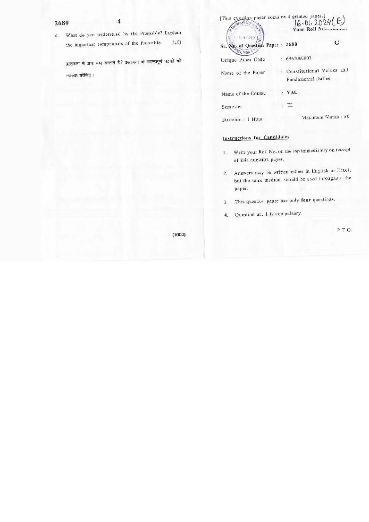 Constitutional Values & Fundamental Duties - III (Q.P. 2680) - Studocu