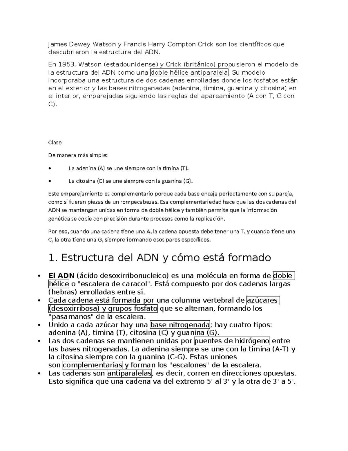 Estructura del ADN: Descubrimiento de Watson y Crick - Studocu