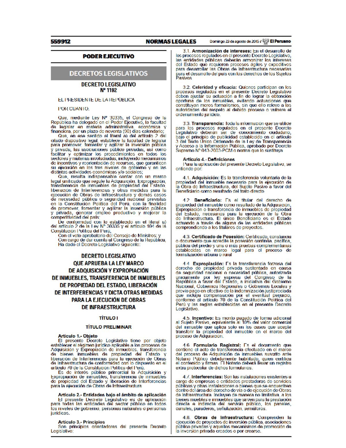Decreto Legislativo 1192: Ley Marco de Expropiaciones y Adquisiciones ...