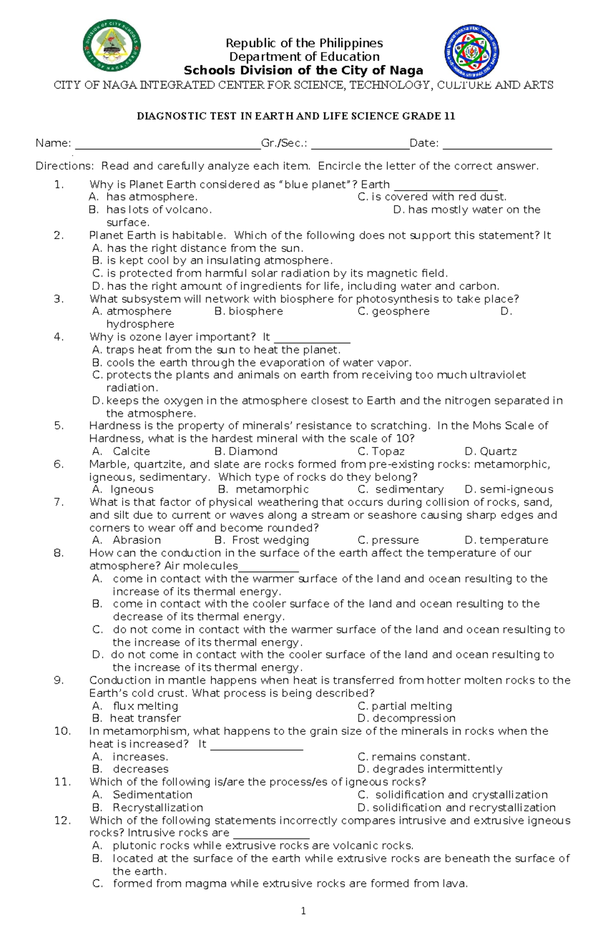 Grade 11 Earth and Life Science Diagnostic Test (Q&A Format) - Studocu
