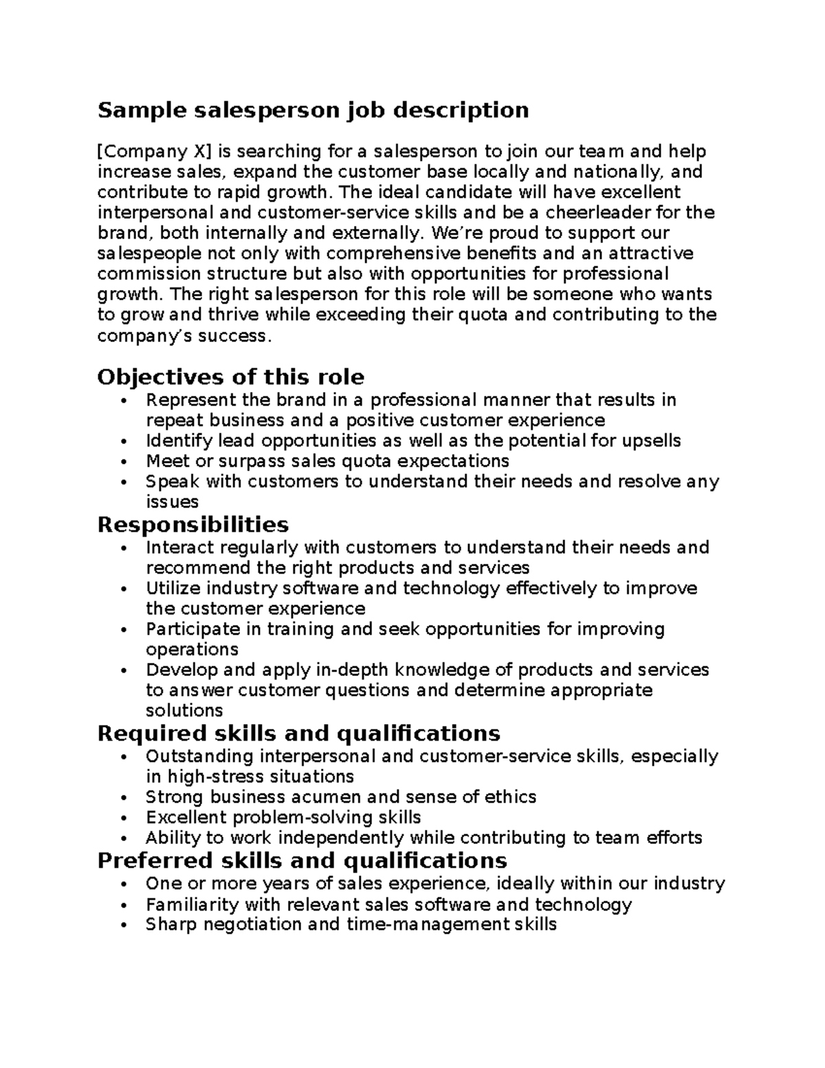 Salesperson Job Description: Key Responsibilities & Skills Needed - Studocu