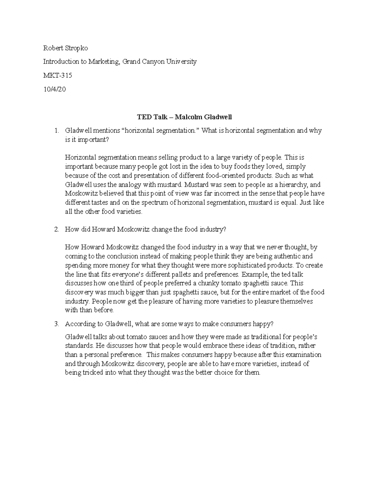 TED Talk Exercise 3 - Robert Stropko Introduction to Marketing, Grand ...