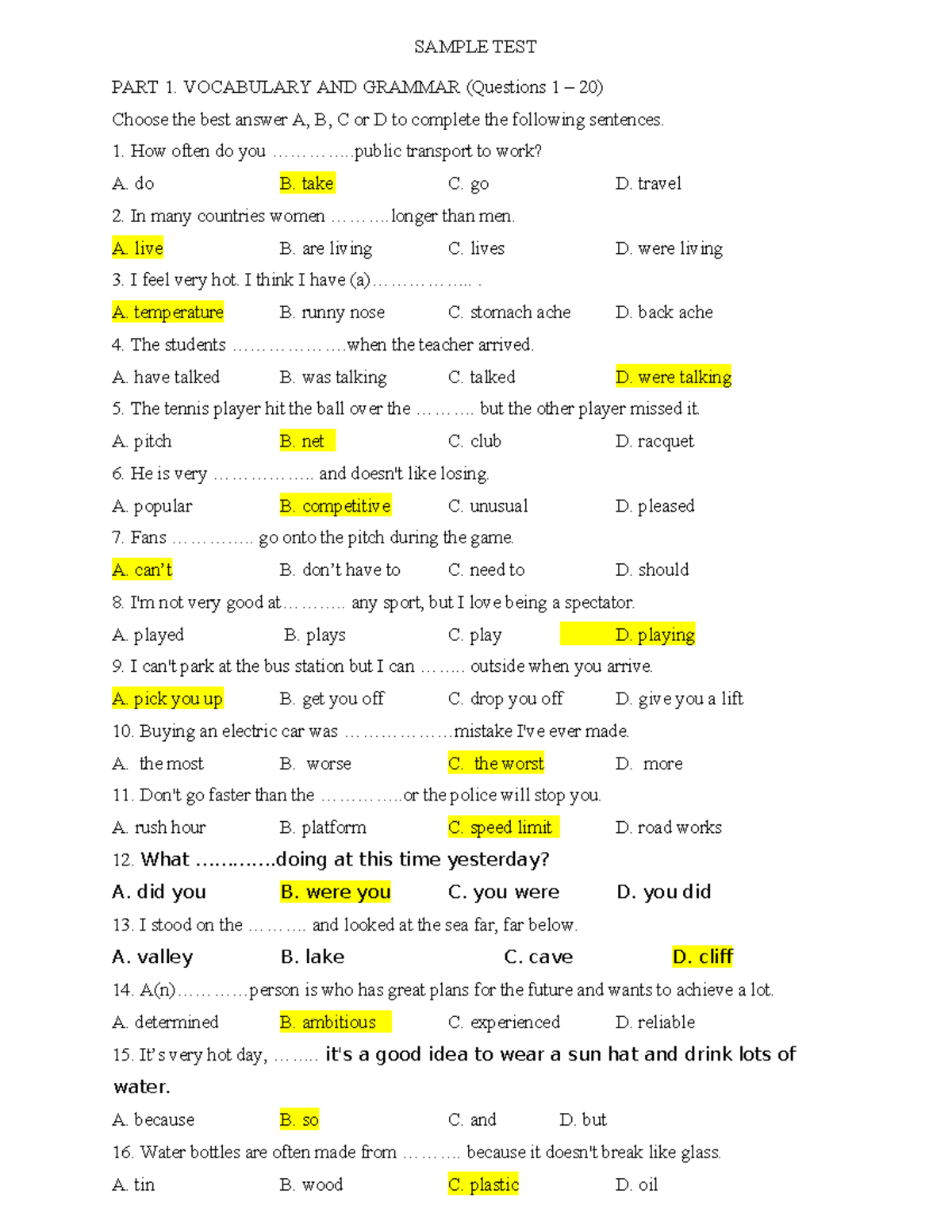 ĐỀ MẪU CUỐI KỲ HP1 - SAMPLE TEST PART 1. VOCABULARY AND GRAMMAR ...