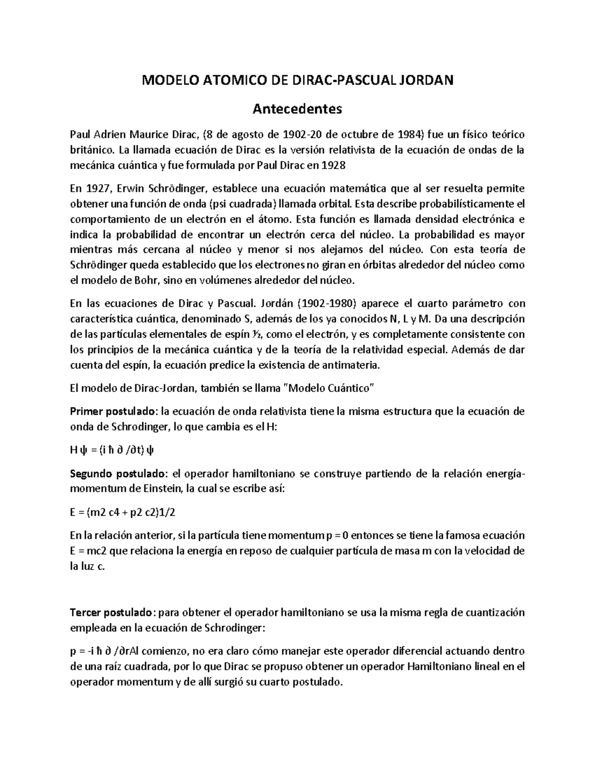 modelo atómico de DIRAC-PASCUAL JORDAN - MODELO ATOMICO DE DIRAC ...
