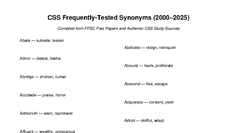 CSS Frequently Tested Synonyms (2000-2025) from FPSC Past Papers - Studocu