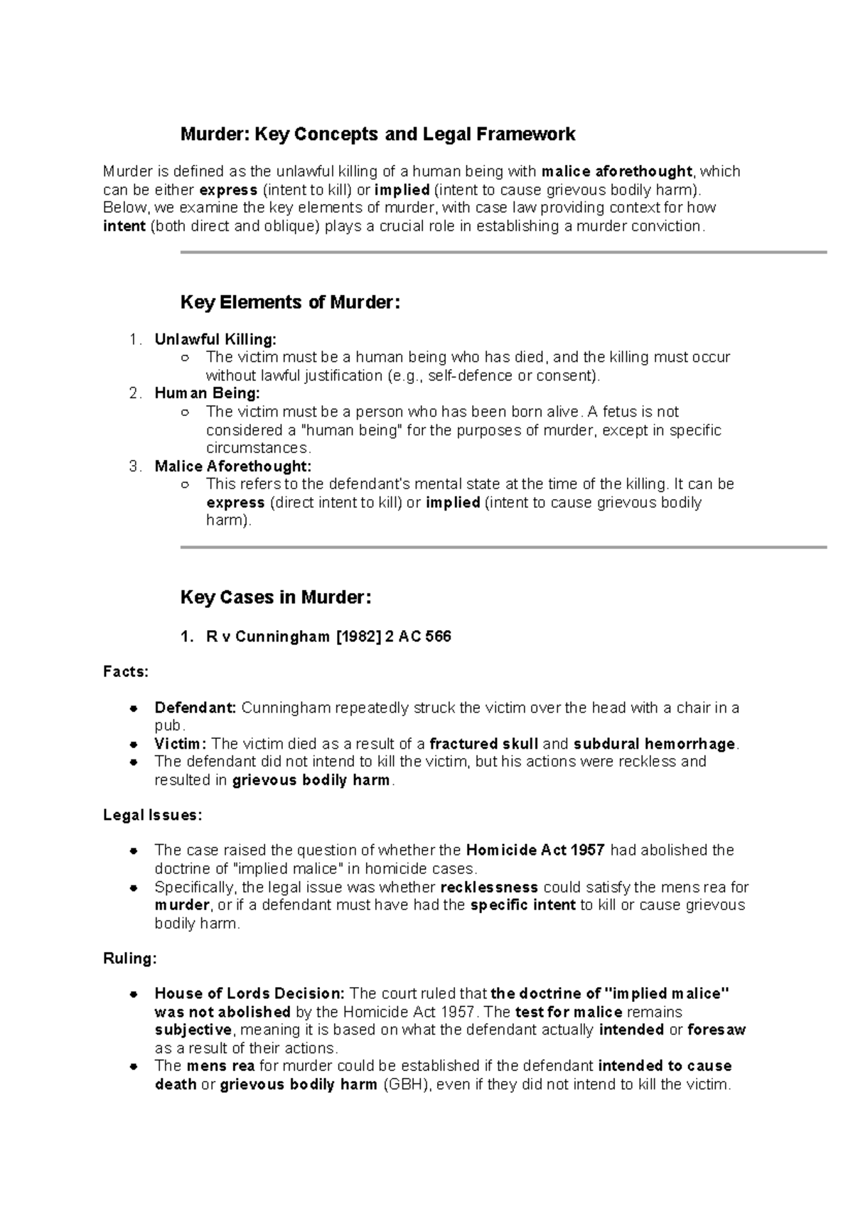 AQA A-Level Law Notes: Key Elements and Cases of Murder - Studocu