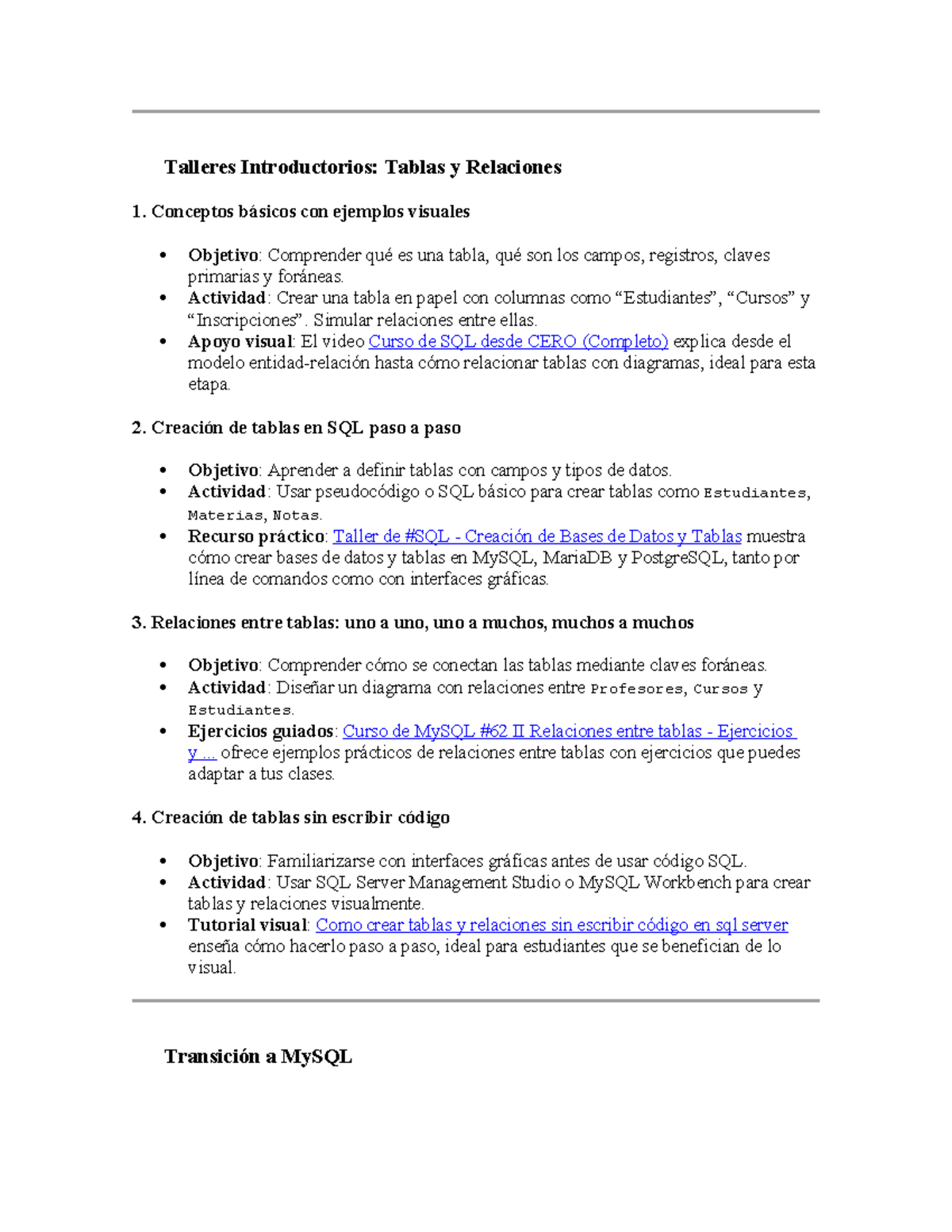 Talleres Introductorios: Tablas y Relaciones en SQL - Studocu