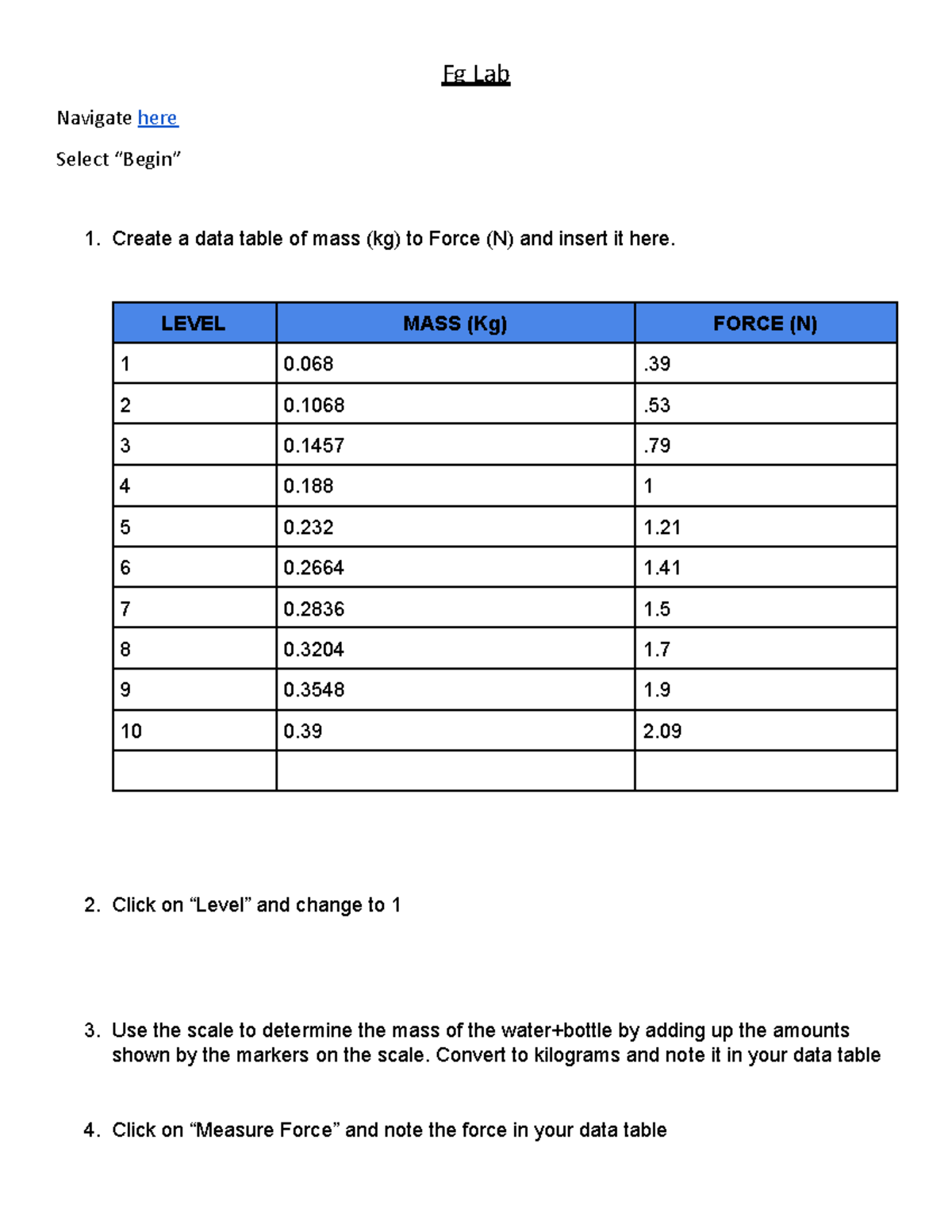 Fg Ph ET Lab: Data Table & Graph of Mass vs. Force - Studocu