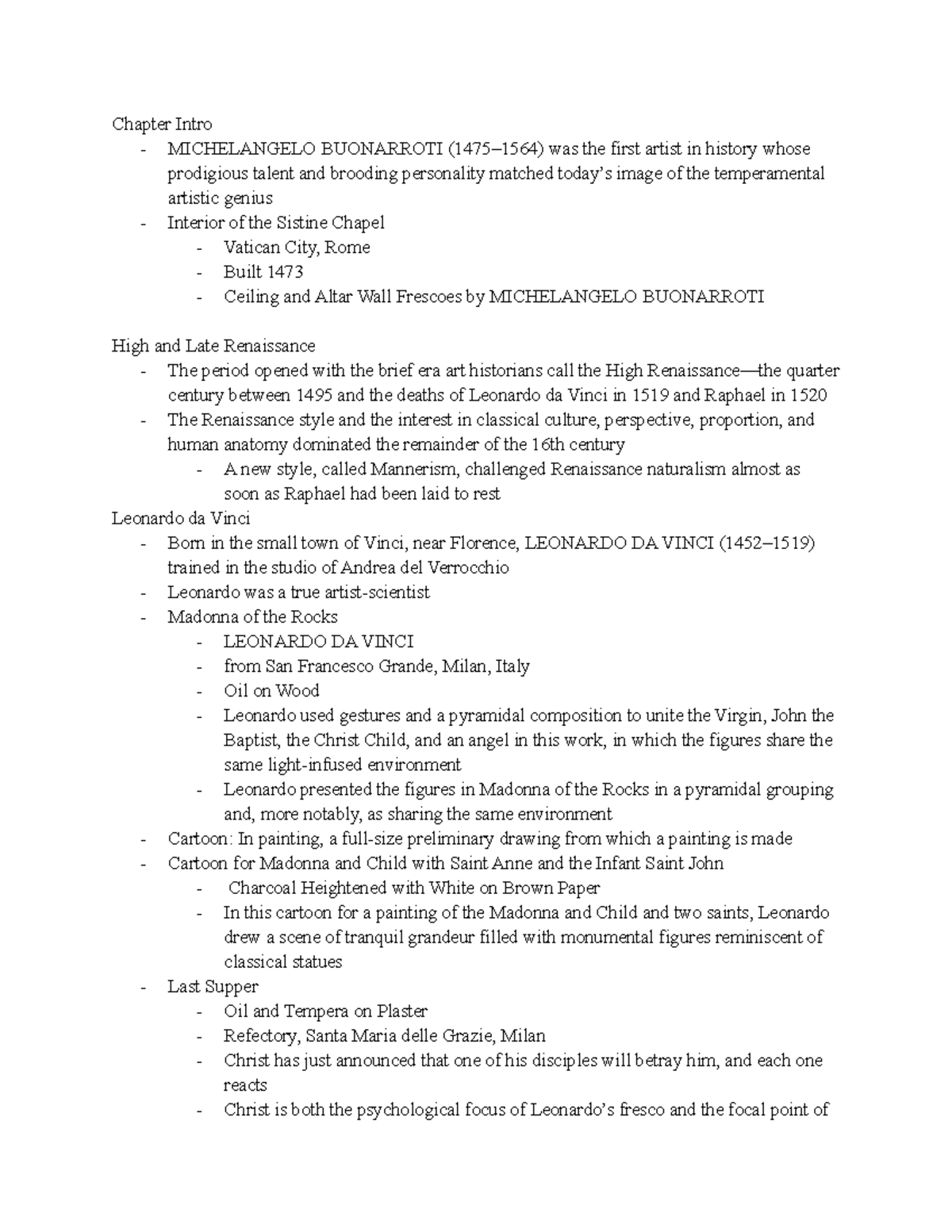 AP Art History Chapter 22: High Renaissance to Mannerism Notes - Studocu