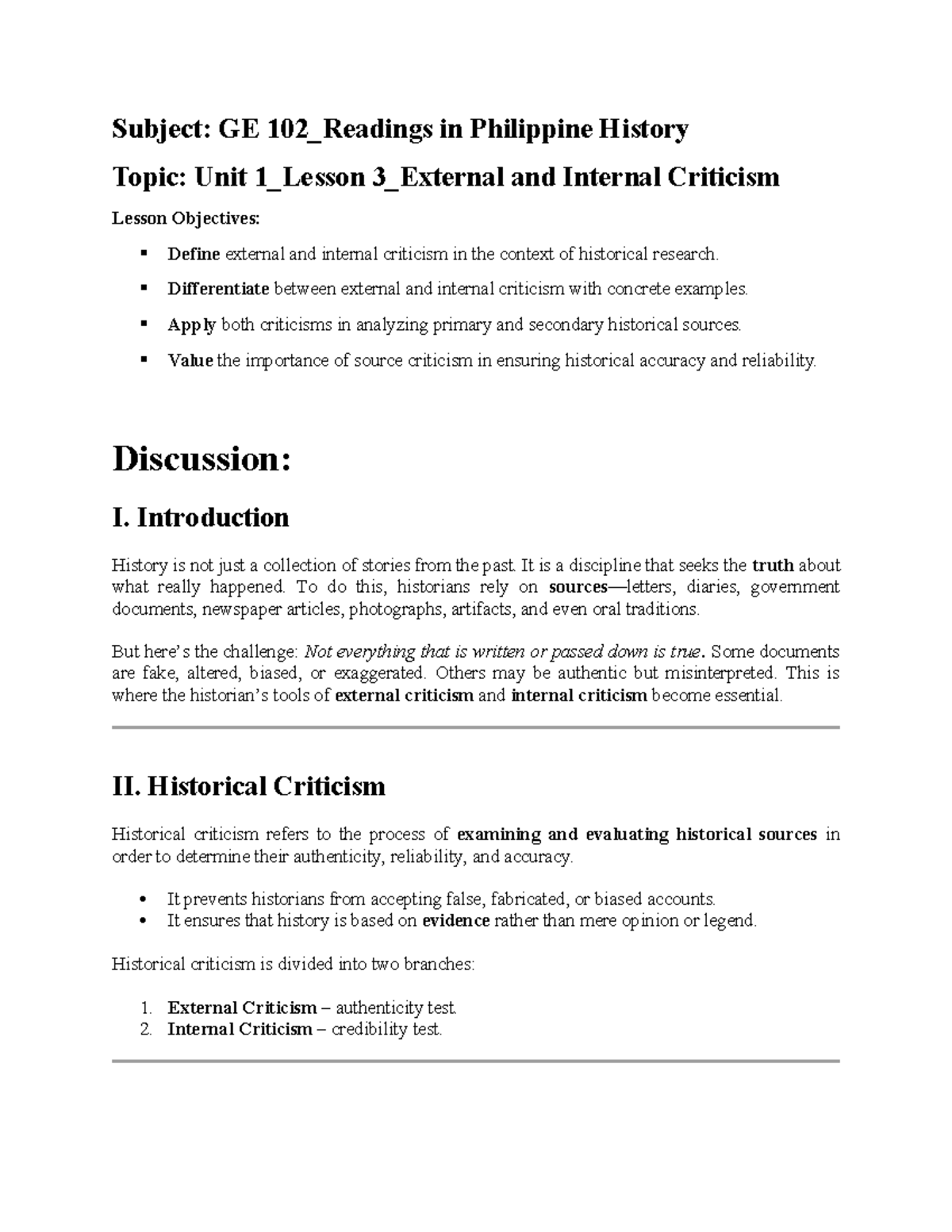 GE 102 Unit 1 Lesson 3: Understanding External & Internal Criticism ...