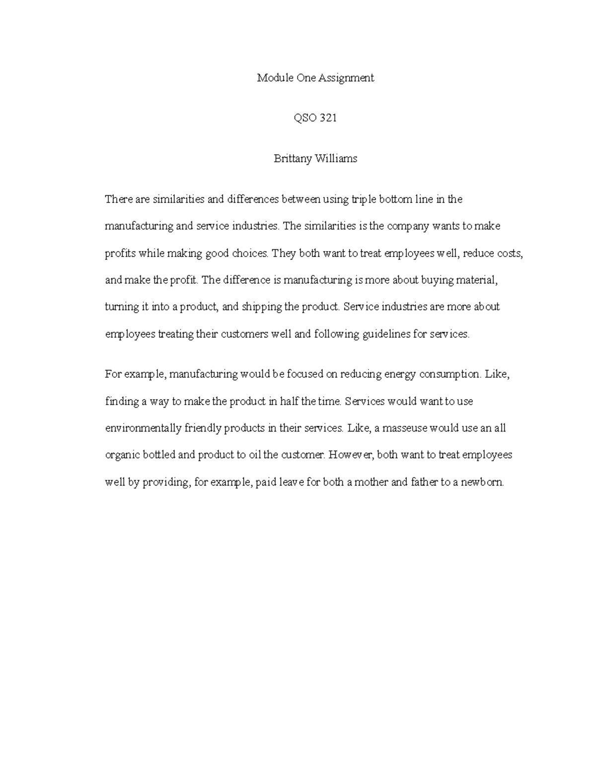 Module One Assignment QSO 321: Triple Bottom Line Analysis - Studocu