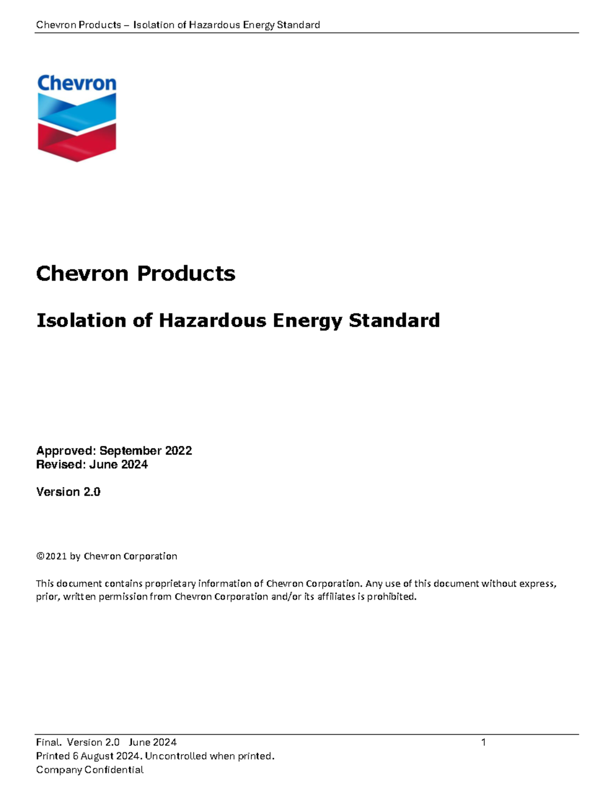 Chevron Products Isolation of Hazardous Energy Standard (Version 2.0 ...