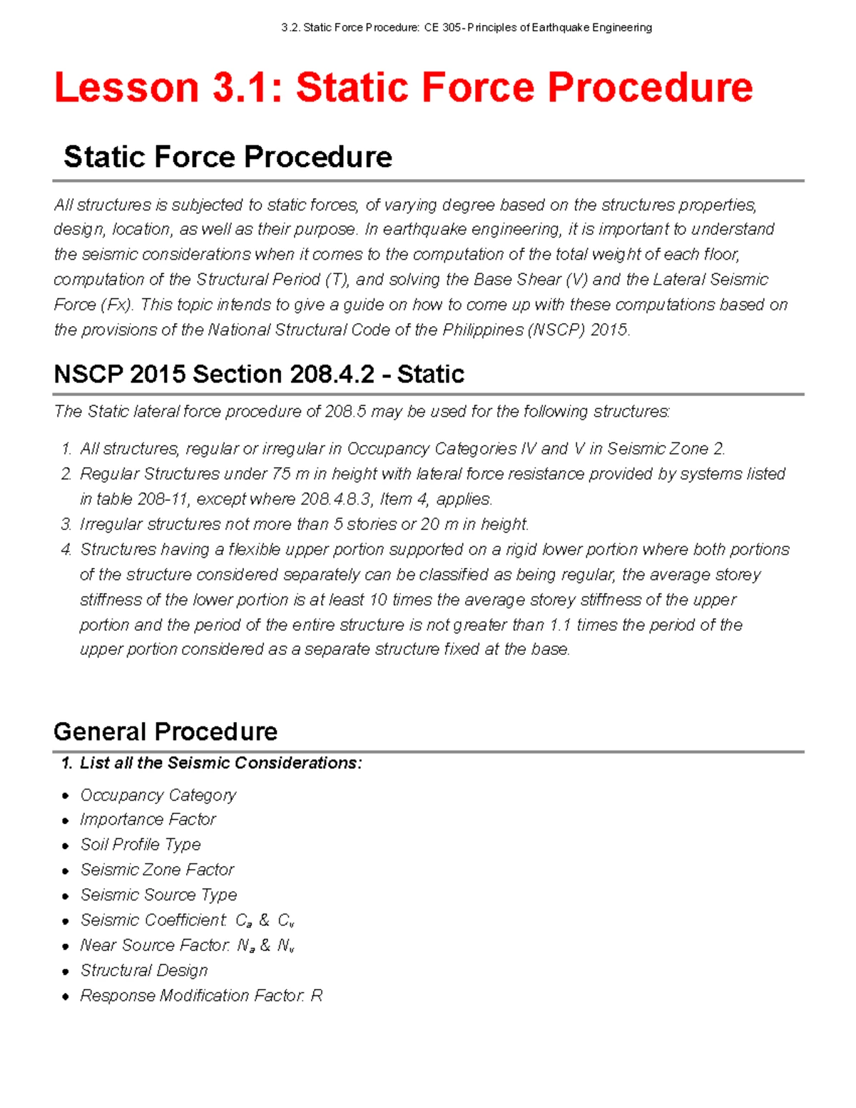 Criteria Selection and Site Category - NSCP 2015 Provisions 208.4 Basis for Design The ...