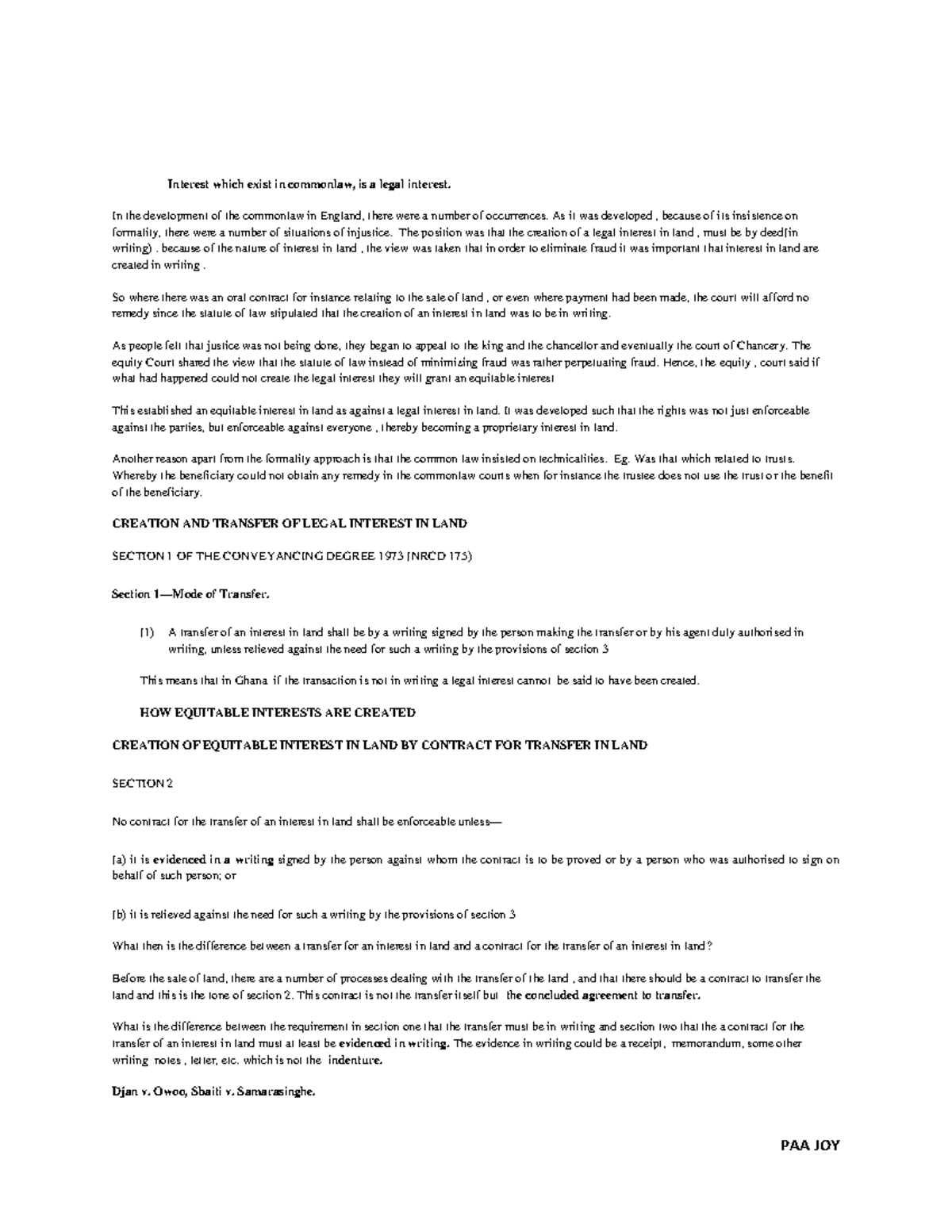 Land Law (Second Semester) - Legal vs Equitable Interests in Property ...
