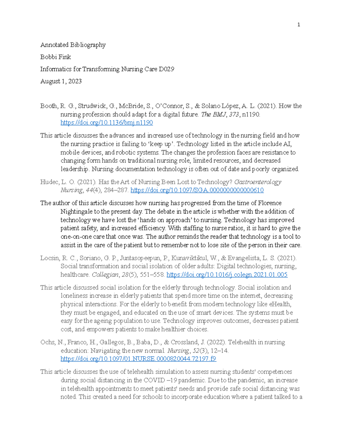 Annotated Bibliography: Informatics for Transforming Nursing Care D029 ...