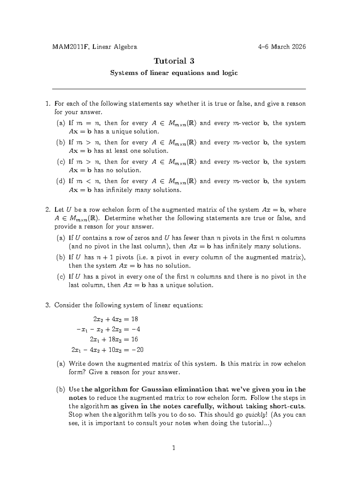 MAM2011F, Linear Algebra March 2026 Tutorial 03: Systems of Linear ...