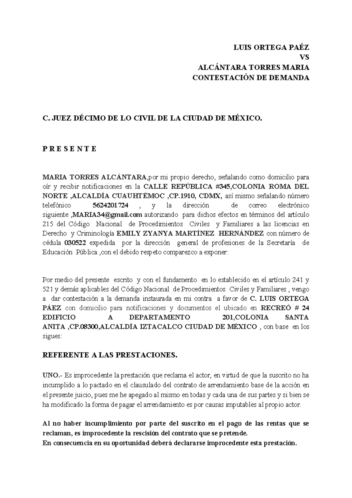 Contestacio mari pro 2.0 - LUIS ORTEGA PAÉZ VS ALCÁNTARA TORRES MARIA ...
