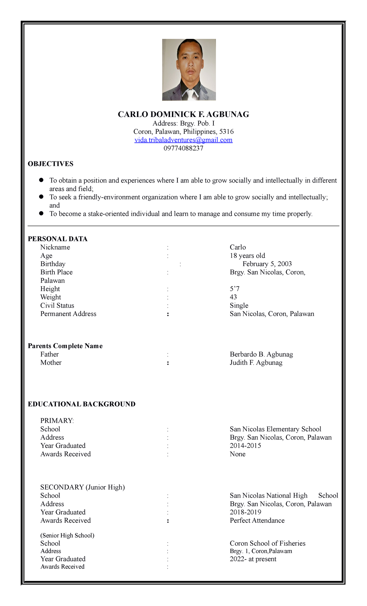 OJT Resume Format for Carlo Agbunag: Guide and Template - Studocu