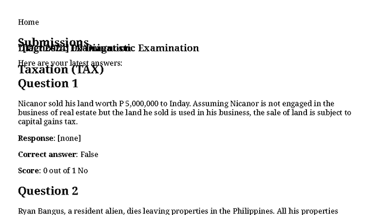 00-Diagnostic Examination - Taxation (TAX) Home Submissions - Studocu