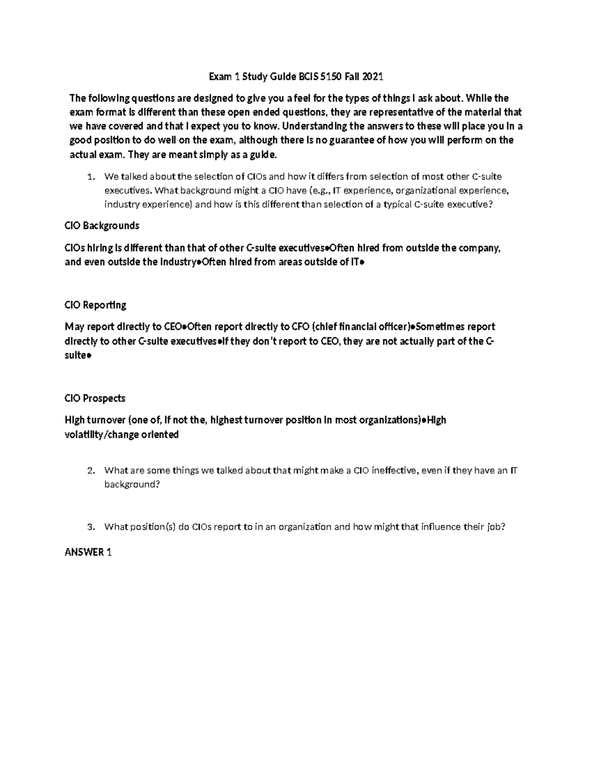 Exam 1 Study Guide for BCIS 5150 - Fall 2021 Overview - Studocu