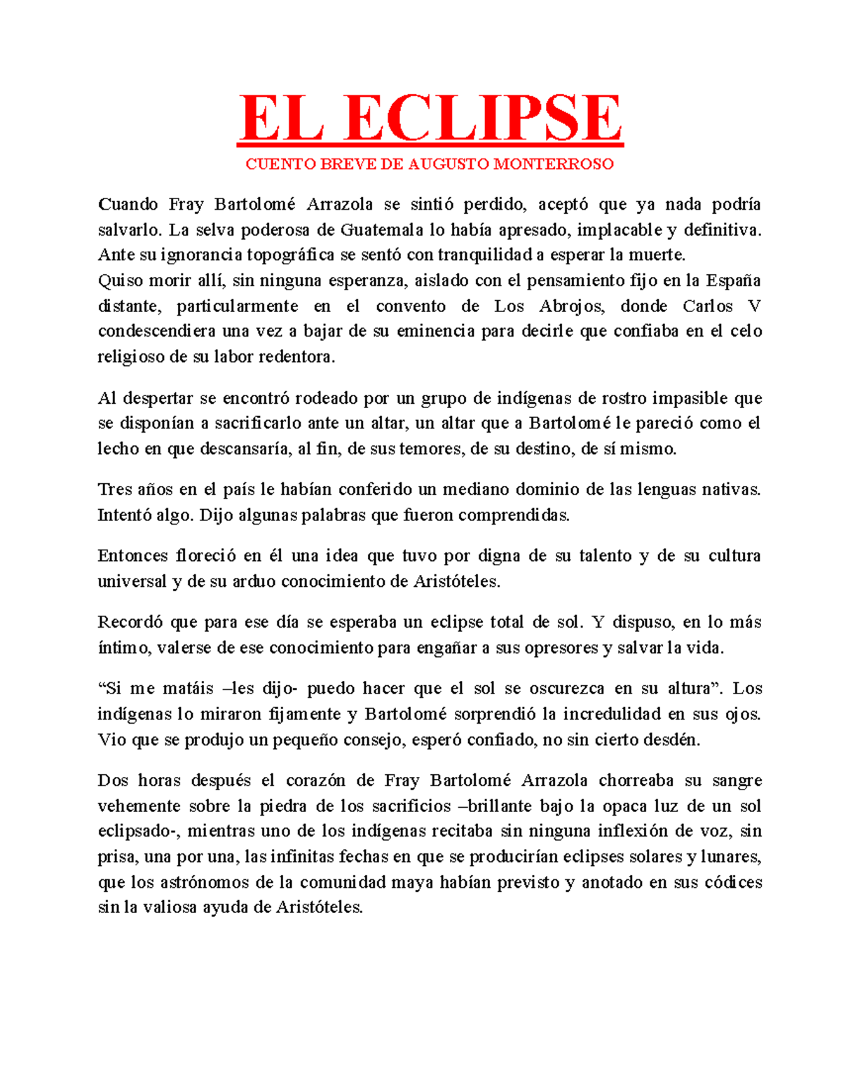 Análisis y Reflexión sobre "El Eclipse" de Monterroso - Studocu