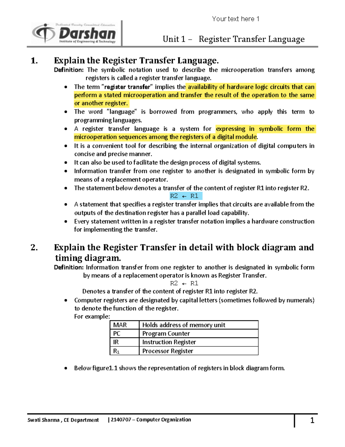 COA 2140707 E-Notes: Unit 1 - Register Transfer Language Overview - Studocu
