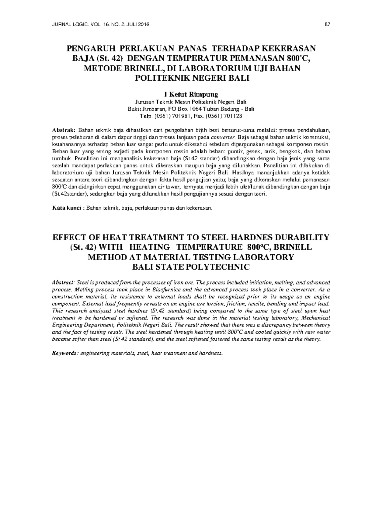 Pengaruh Perlakuan Panas Terhadap Kekerasan Baja St.42 (Uji Kekerasan ...