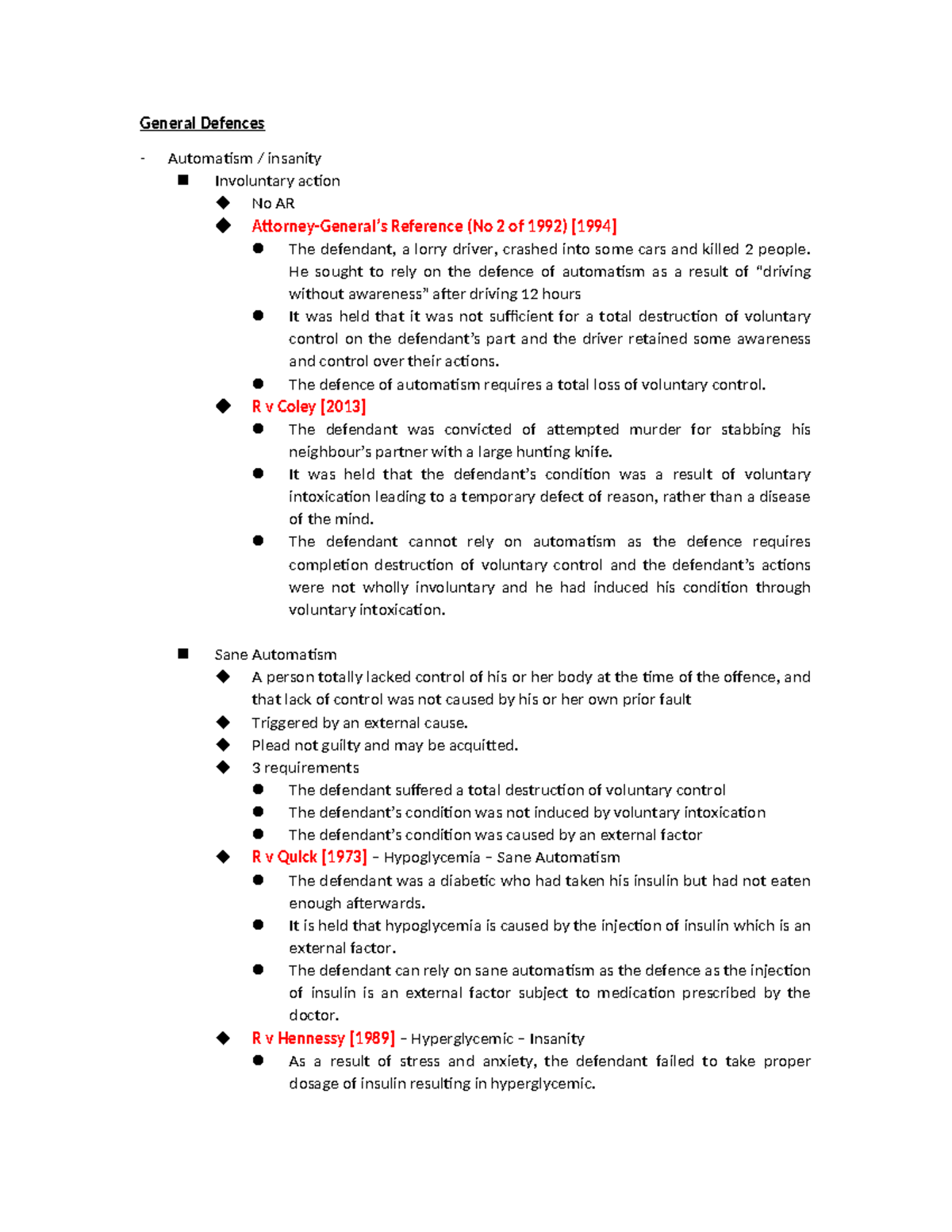 General Defences: Automatism & Insanity Overview (Final Exam) - Studocu