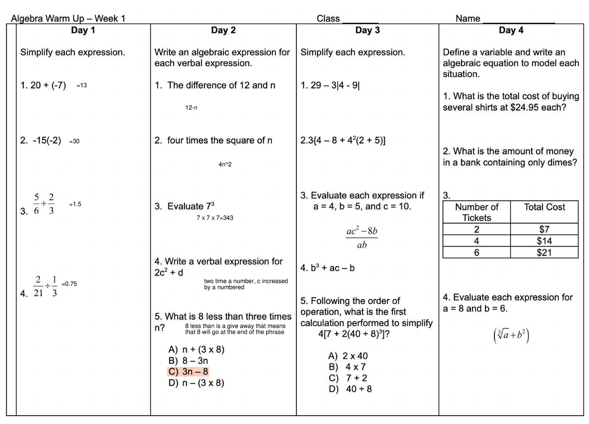 Algebra 1 - Wk 1 Warm-Up - wk 1 warm up - = = =1. =0. 12-n 4n^ 7 x 7 x ...
