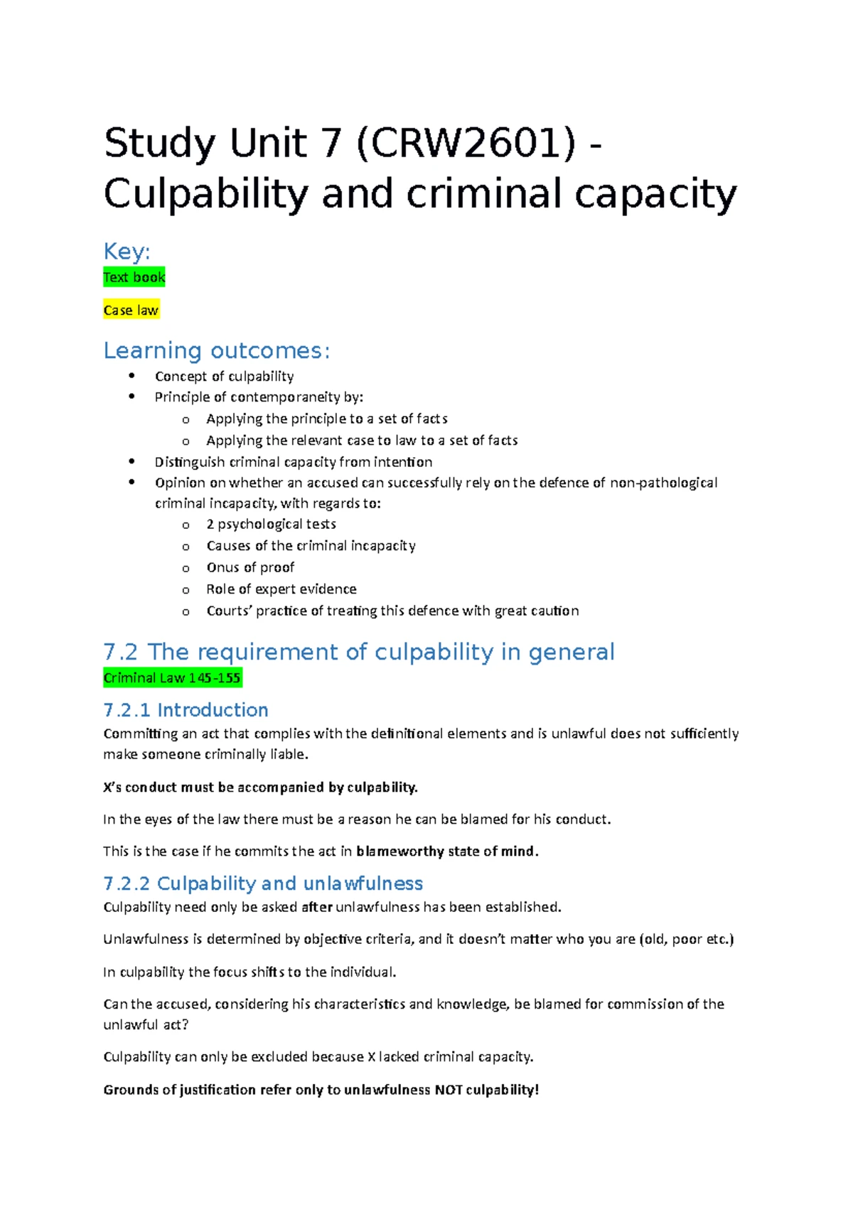 CRW2601 Study Unit 5 Unlawfulness I on criminal law. and justifications ...