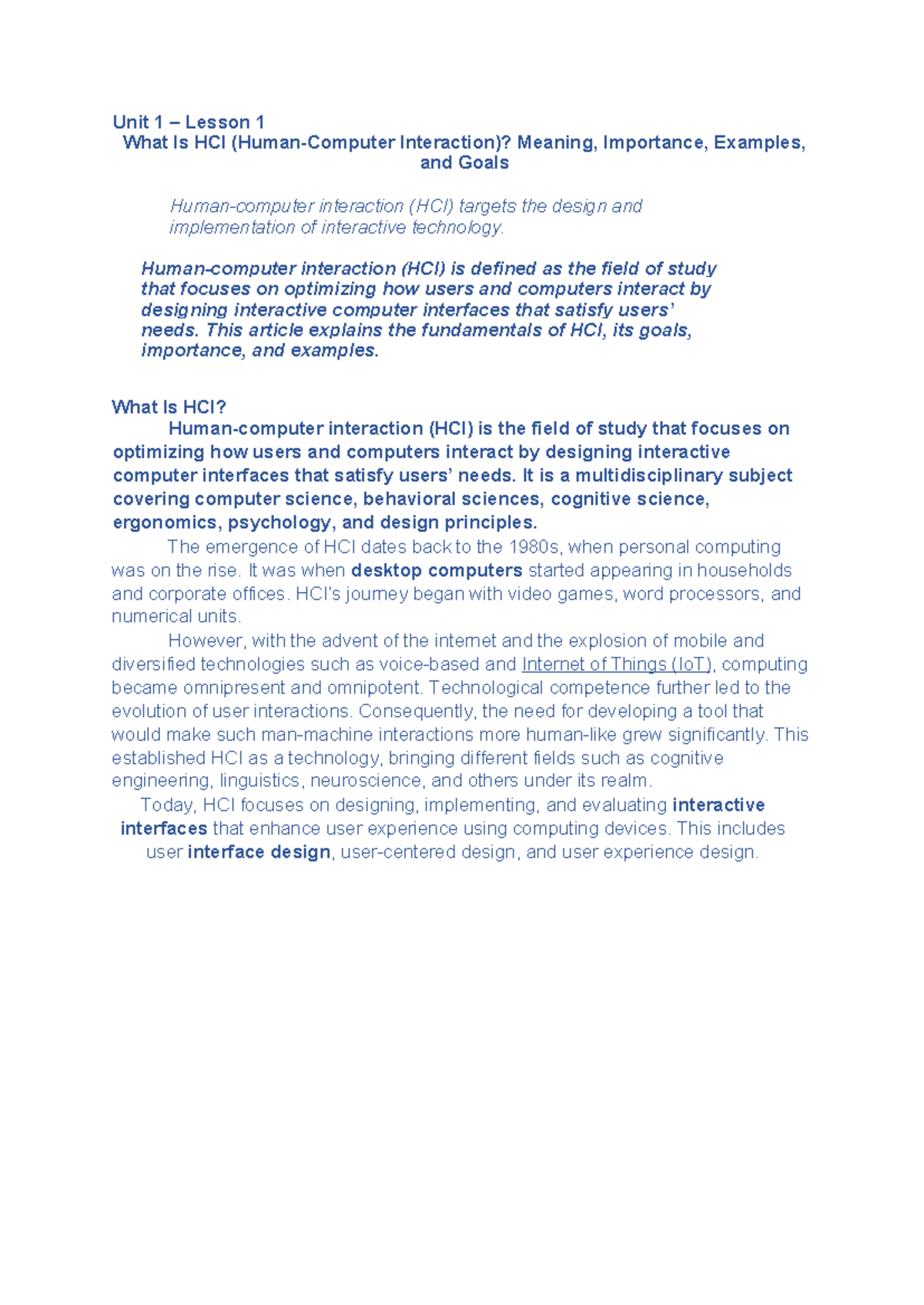 Unit 1 - Lesson 1: Understanding Human-Computer Interaction (HCI) - Studocu