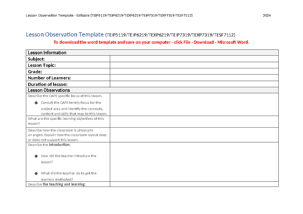 Editable Lesson Observation Template for TEIP5119/TEIP6219/TEXP6219 ...