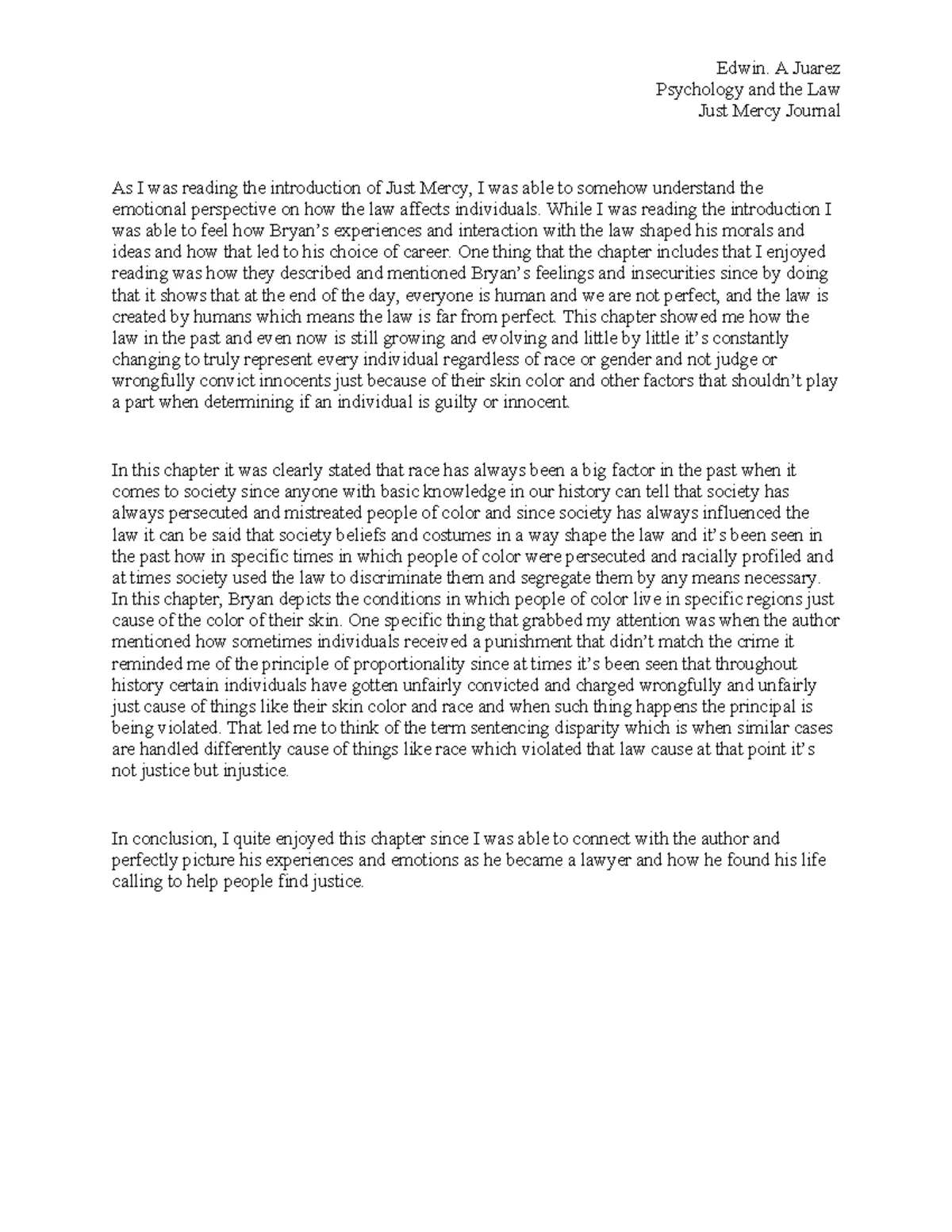 Just Mercy Journal Reflection - Chapter 11 Analysis - Studocu