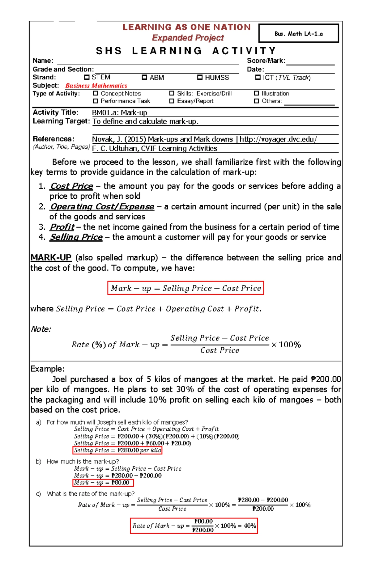 Bus. Math LAS 1b: Mark-up Exercises for STEM Students - Studocu