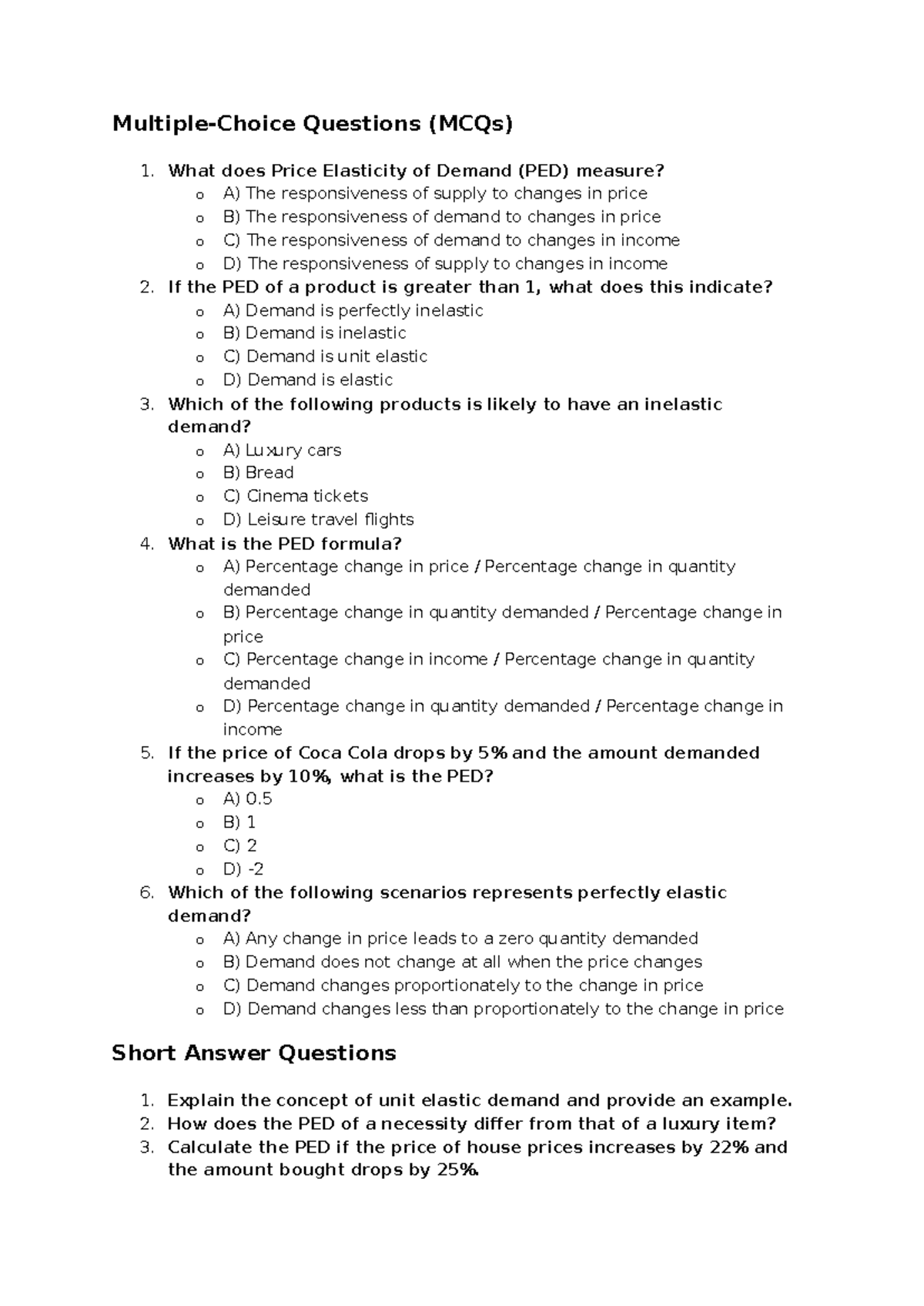 Final Exam MCQs and Short Answers on Price Elasticity (ECO 101) - Studocu