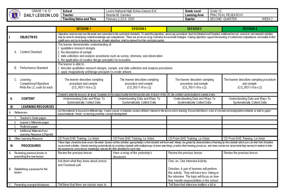 Grade 12 Practical Research II Daily Lesson Log (DLL) - Feb 2026 - Studocu