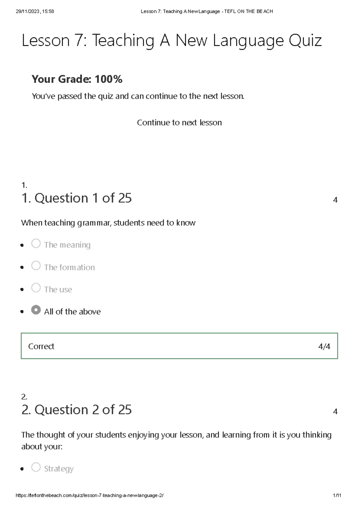 Lesson 7 Quiz: Teaching A New Language - TEFL ON THE Beach - Studocu