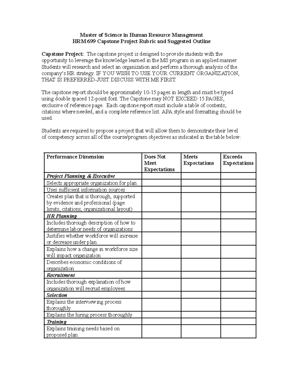 HRM 699 Capstone Project Rubric & Outline Guide - Studeersnel