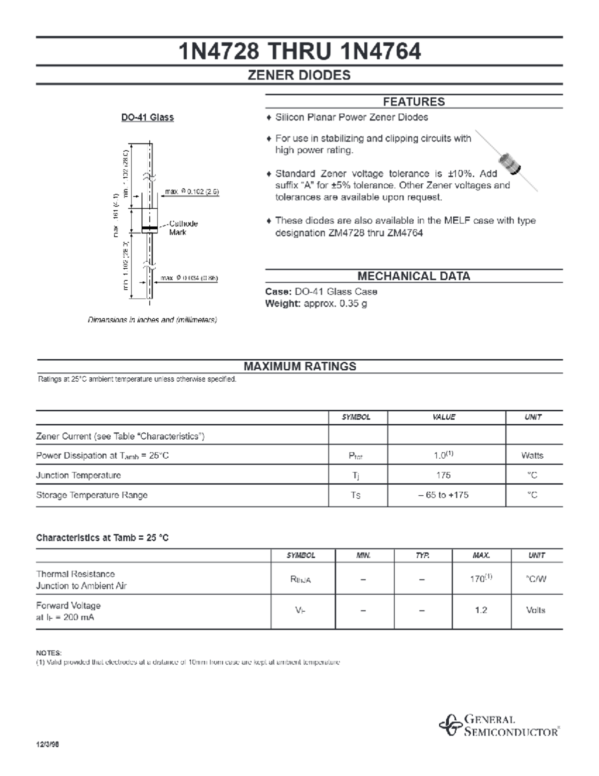 1N4728-1N4764 Zener Diodes: Features & Electrical Characteristics - Studocu