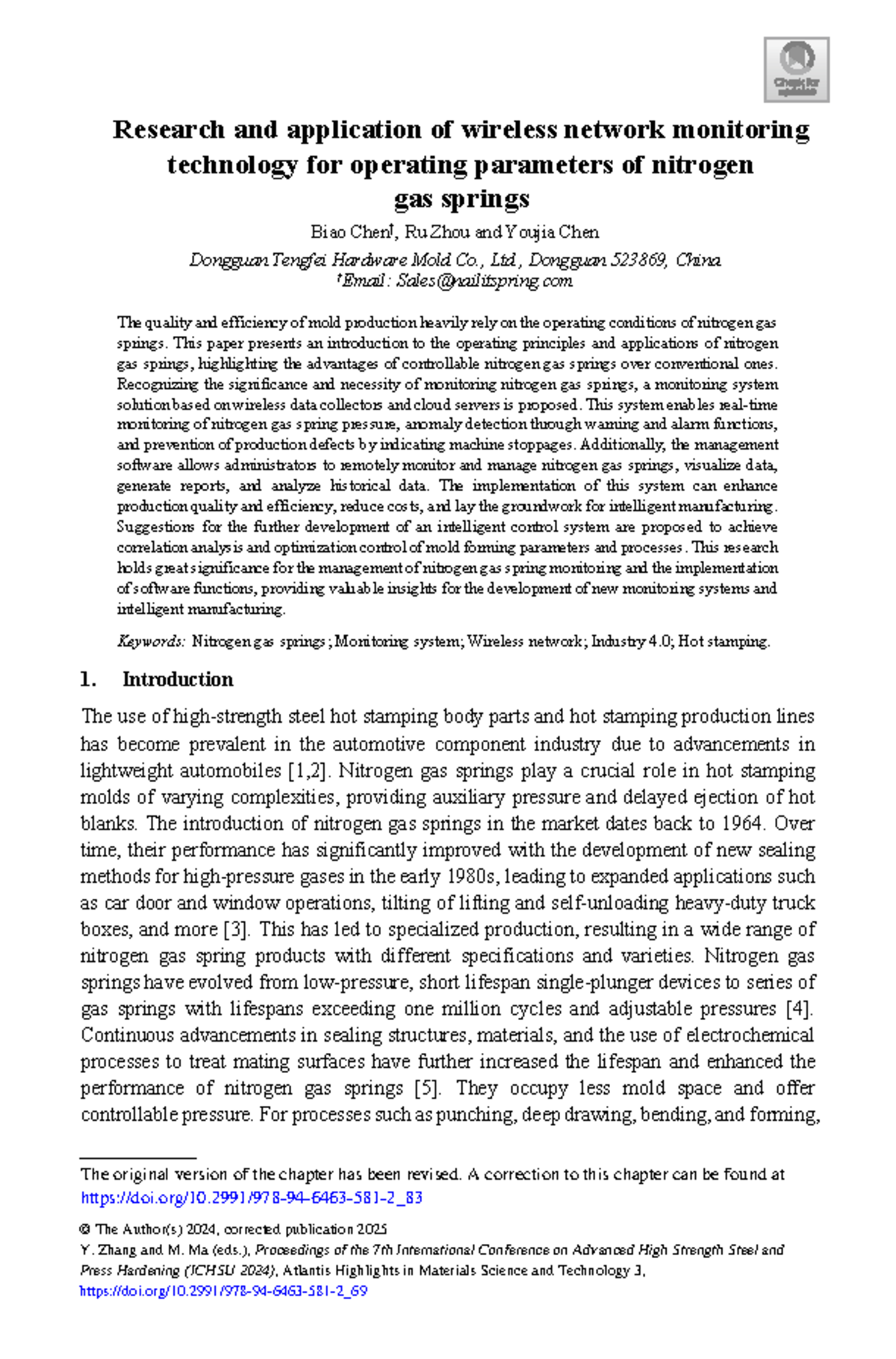 Research on Wireless Monitoring of Nitrogen Gas Springs in Mold ...