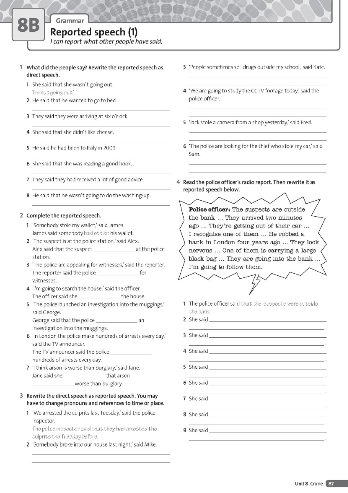 UNIT 8 - HW Elearning - unit 8 - 8B Grammar Reported speech (1) can report what other people ...