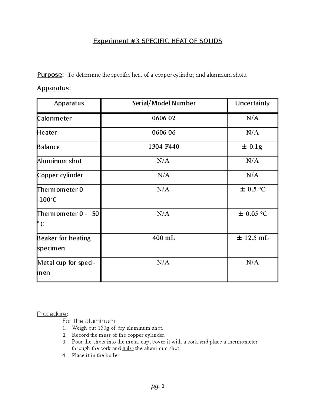 Experiment 3: Specific Heat of Solids - Copper and Aluminum Analysis ...