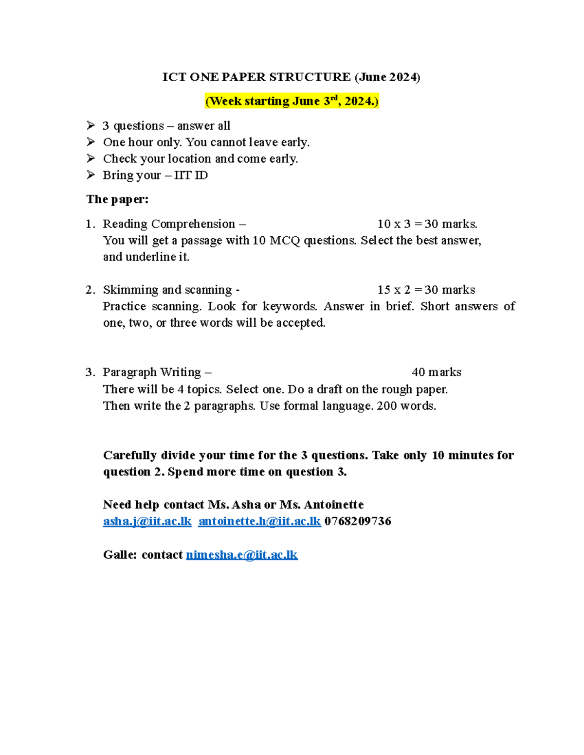 ICT ONE Paper Structure june 2024 Academic skills - ICT ONE PAPER ...