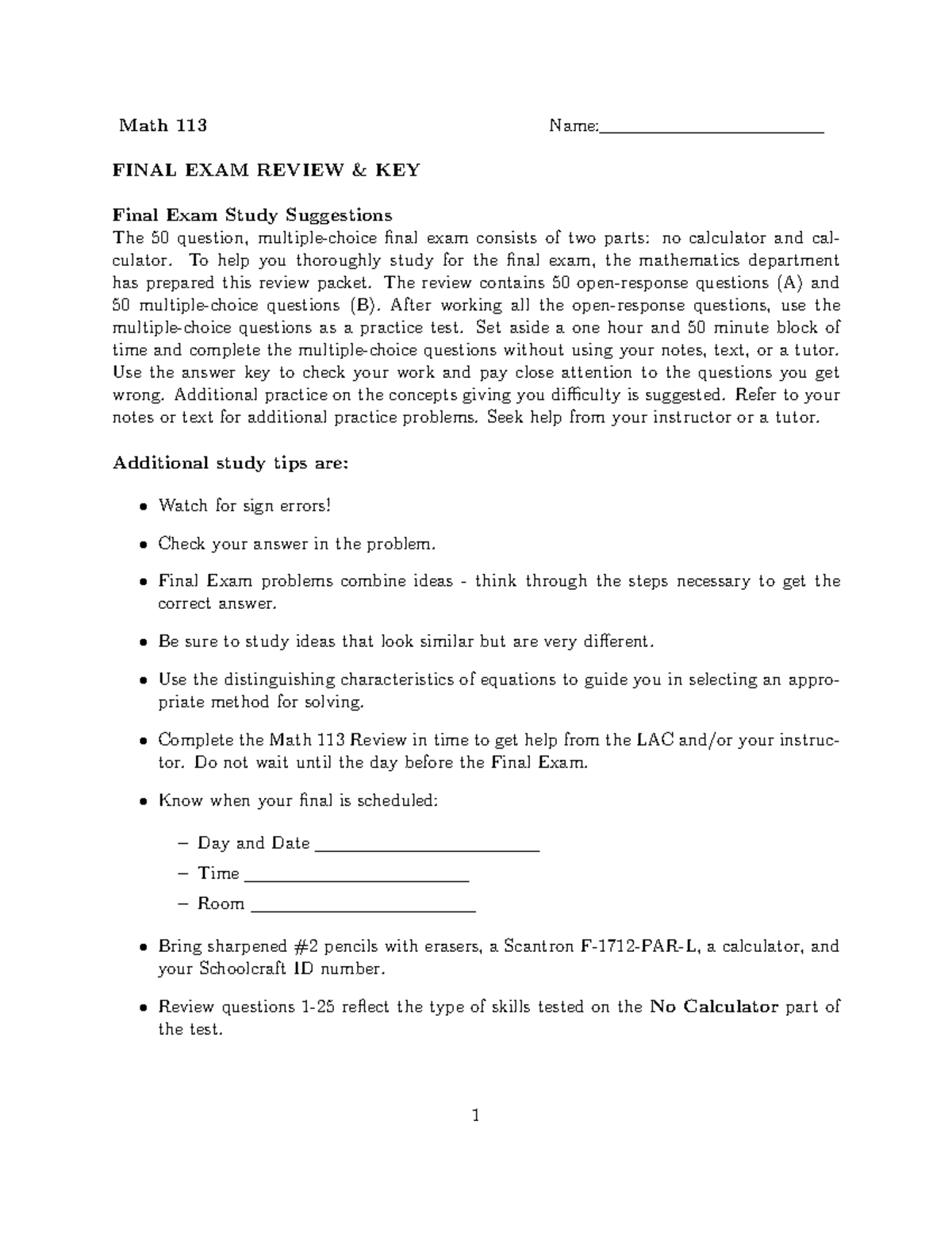 Math 113 Final Exam Review & Answer Key: Complete Study Guide - Studocu