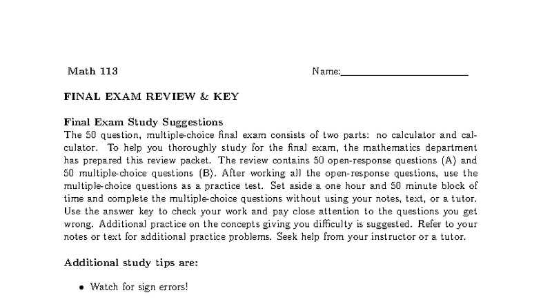 Math 113 Final Exam Review & Answer Key: Complete Study Guide - Studocu