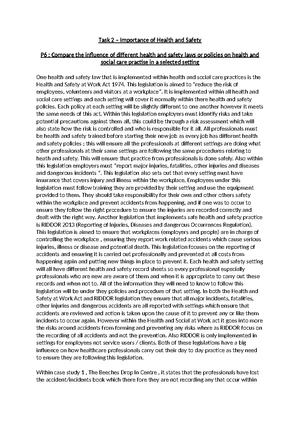 Unit 7 Task 2 - distinction level - Task 2 – Importance of Health and Safety P6 : Compare the ...