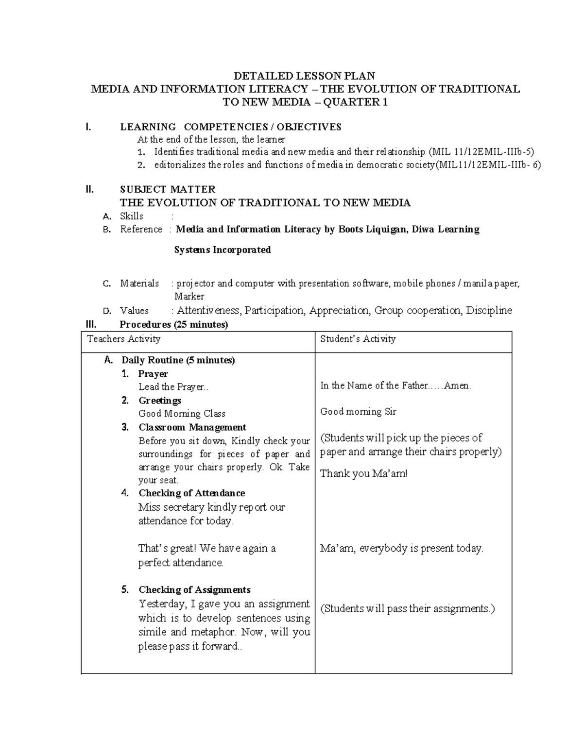 Detailed Lesson Plan: The Evolution of Traditional to New Media (MIL 11 ...