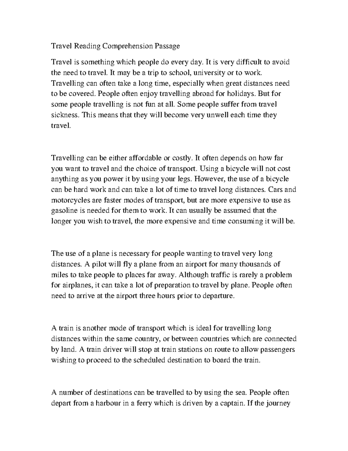 Travel Reading Comprehension Passage - Questions and Answers - Studocu