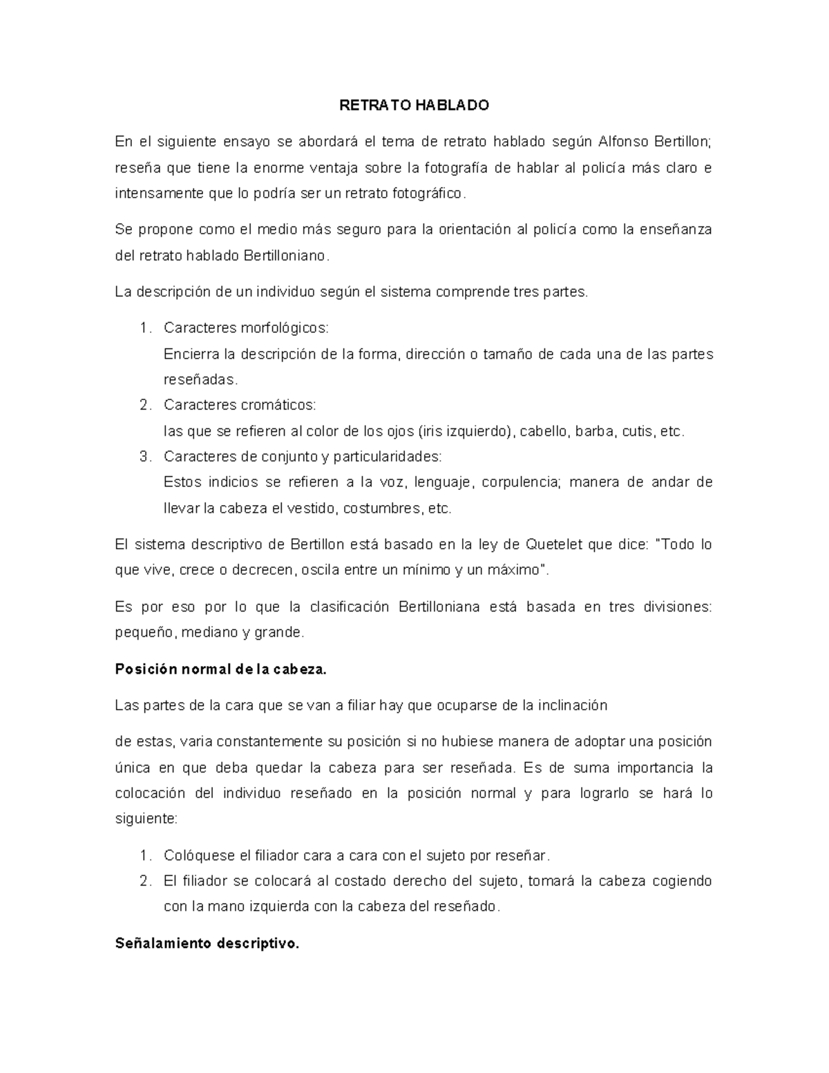 Ensayo Descriptivo sobre el Retrato Hablado según Bertillon - Studocu