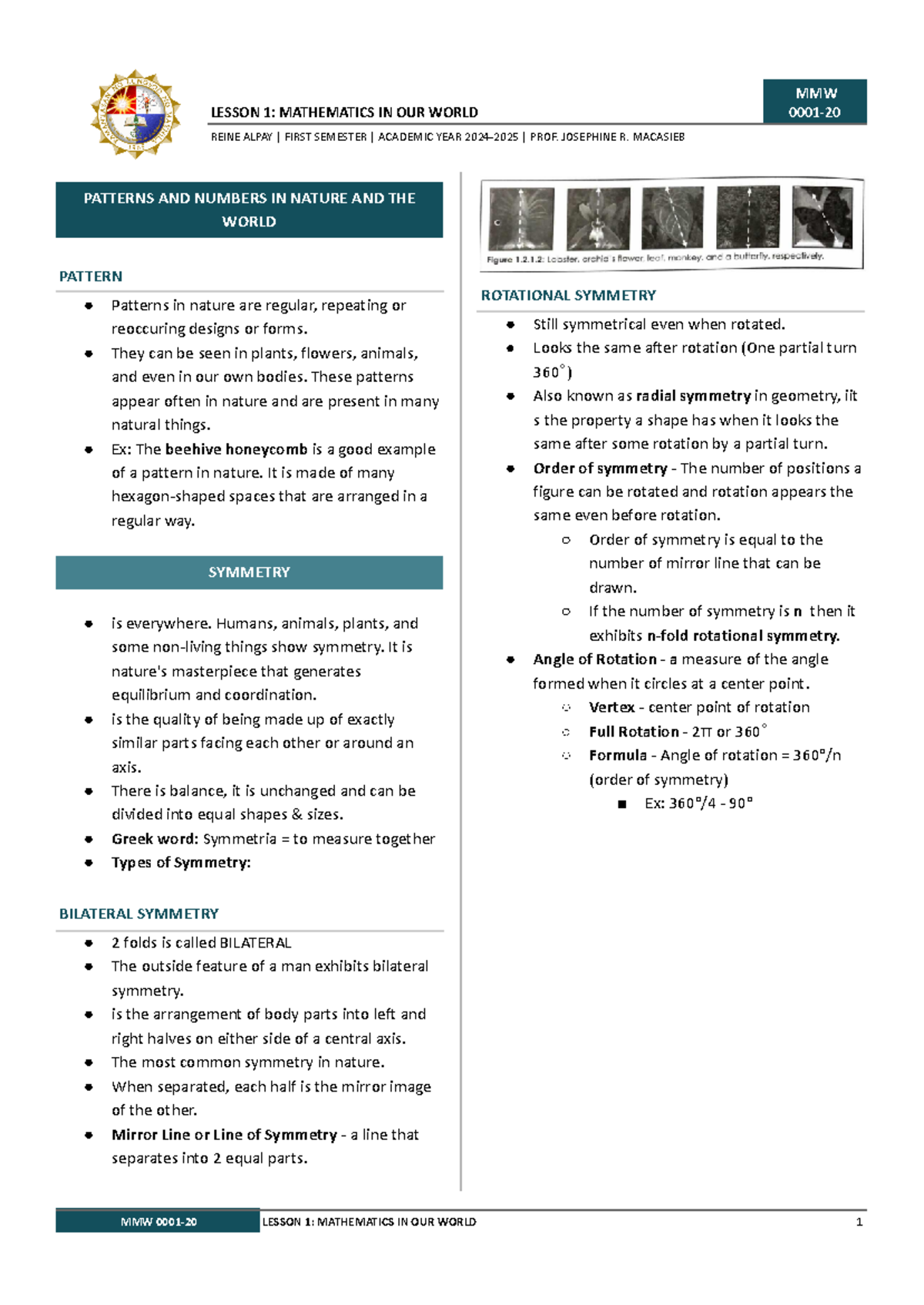 MMW 0001 Lesson 1: Patterns and Numbers in Mathematics - Studocu
